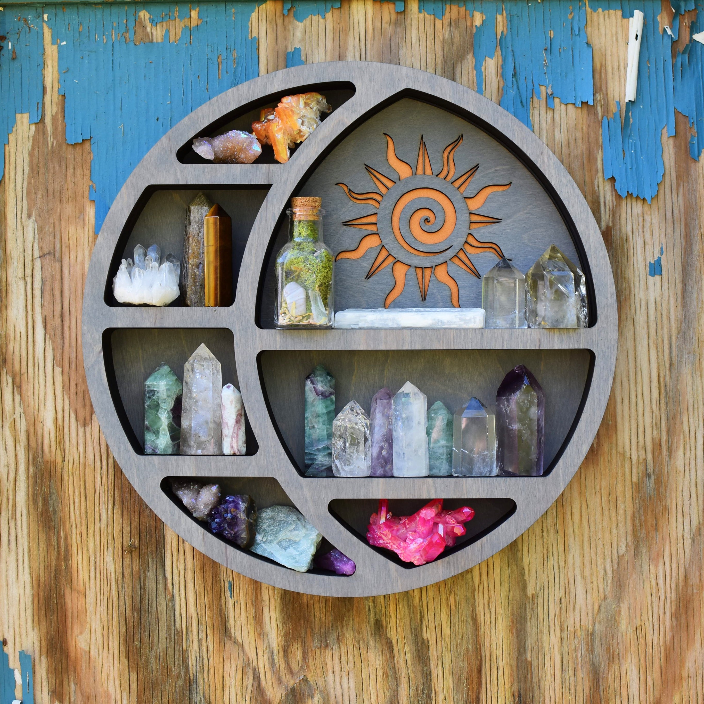 *Made To Order* Grey Sun In The Moon Circular Shelf and Wood Carving ...